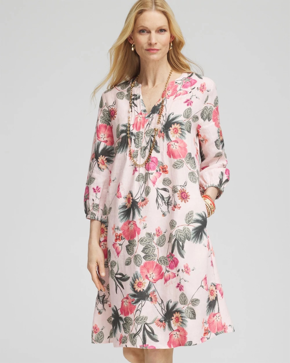 Floral Linen Pintuck 3/4 Sleeved Dress | Chico's